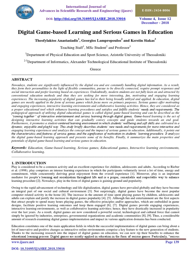 Digital Game-Based Learning and Serious Games in Education | PDF ...
