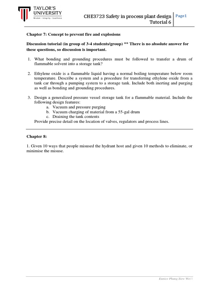 CHE3723 Safety in Process Plant Design Tutorial 6 | PDF