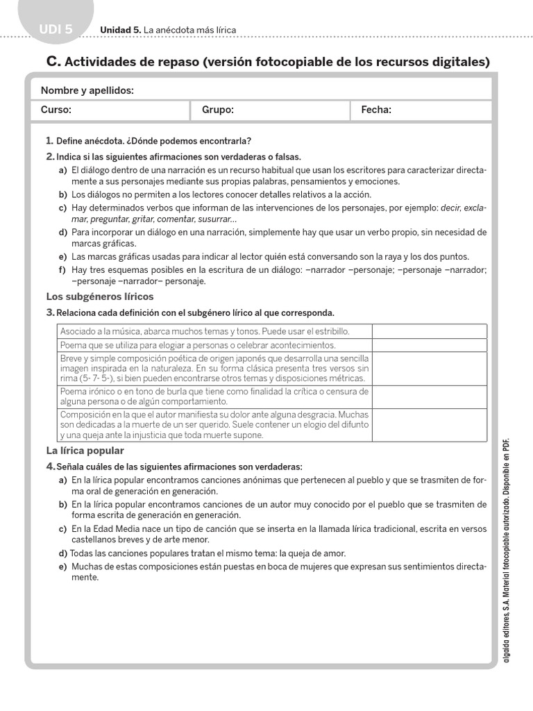 C Actividades de Repaso U5 | PDF | Adjetivo | Narración