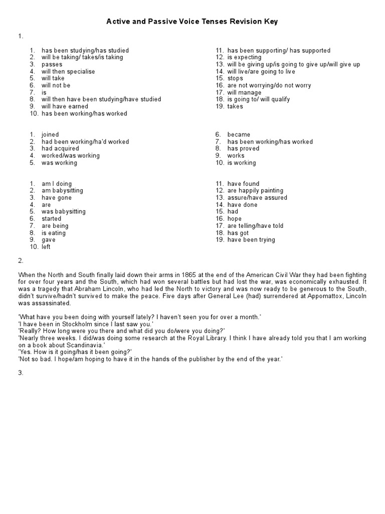Active and Passive Voice Tenses Revision Key | PDF | Violence
