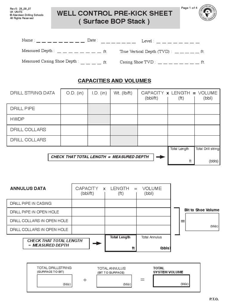 Well Control Pre-Kick Sheet (Surface BOP Stack) : Capacities and Volumes | PDF | Casing ...