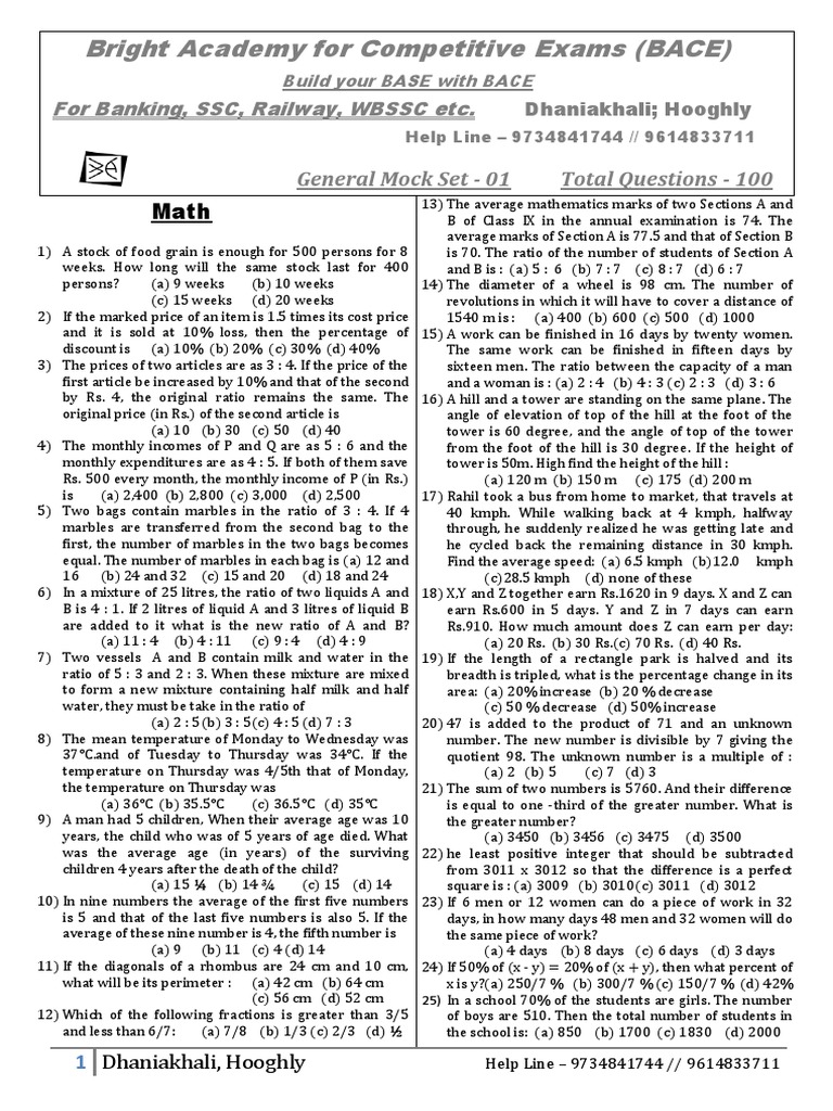 BACE Exam Preparation Mock Set 01 | PDF | Reserve Bank Of India ...