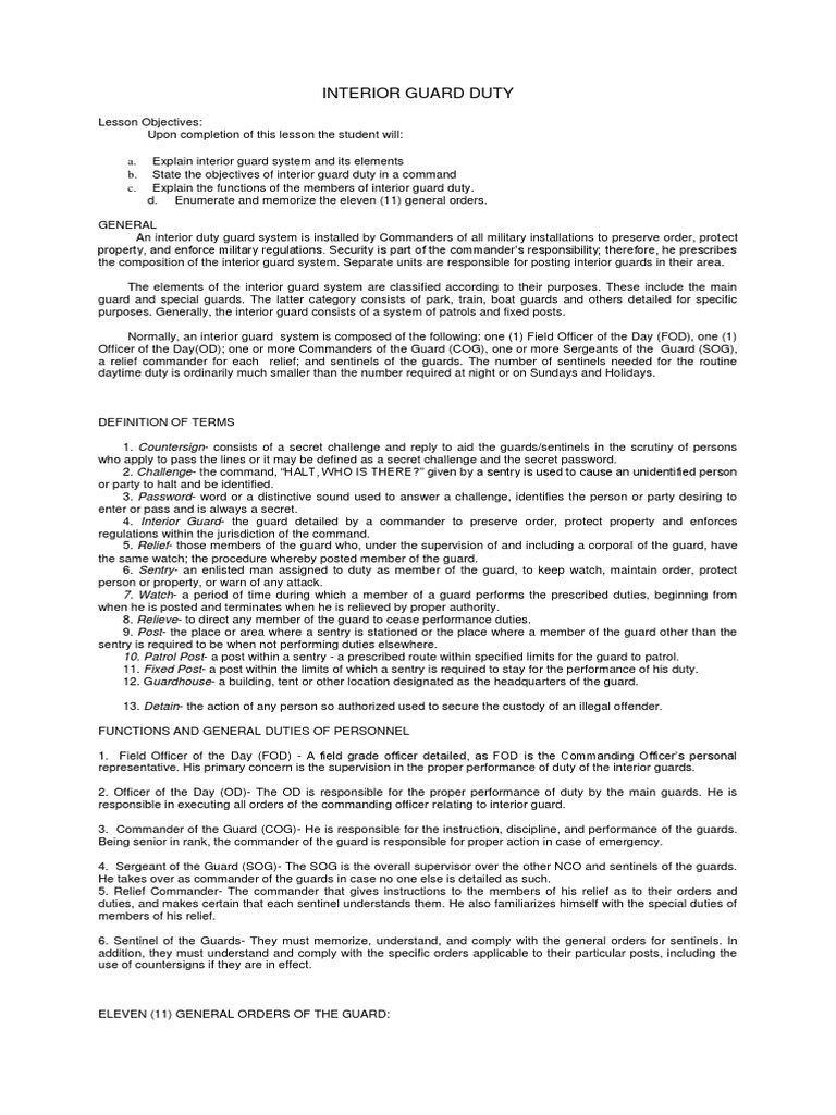 Preserving Order and Security Through Interior Guard Duty: Functions ...