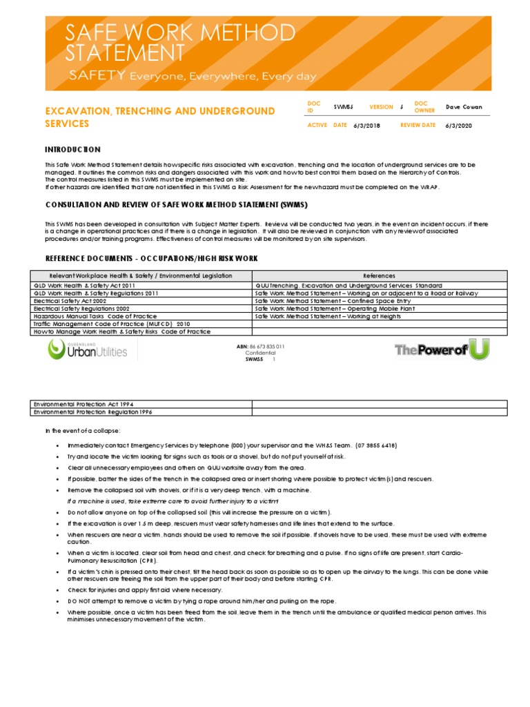 Safe Work Method Statement: Excavation, Trenching and Underground ...