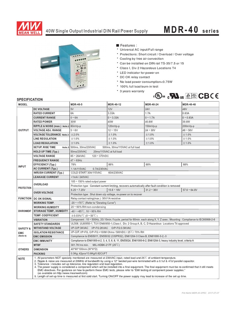 40W Single Output Industrial DIN Rail Power Supply: Series | PDF ...