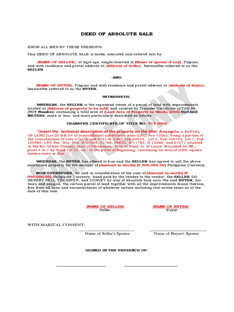 Deed of Sale (LRA Sample) PDF | PDF | Real Property Law | Land Lot