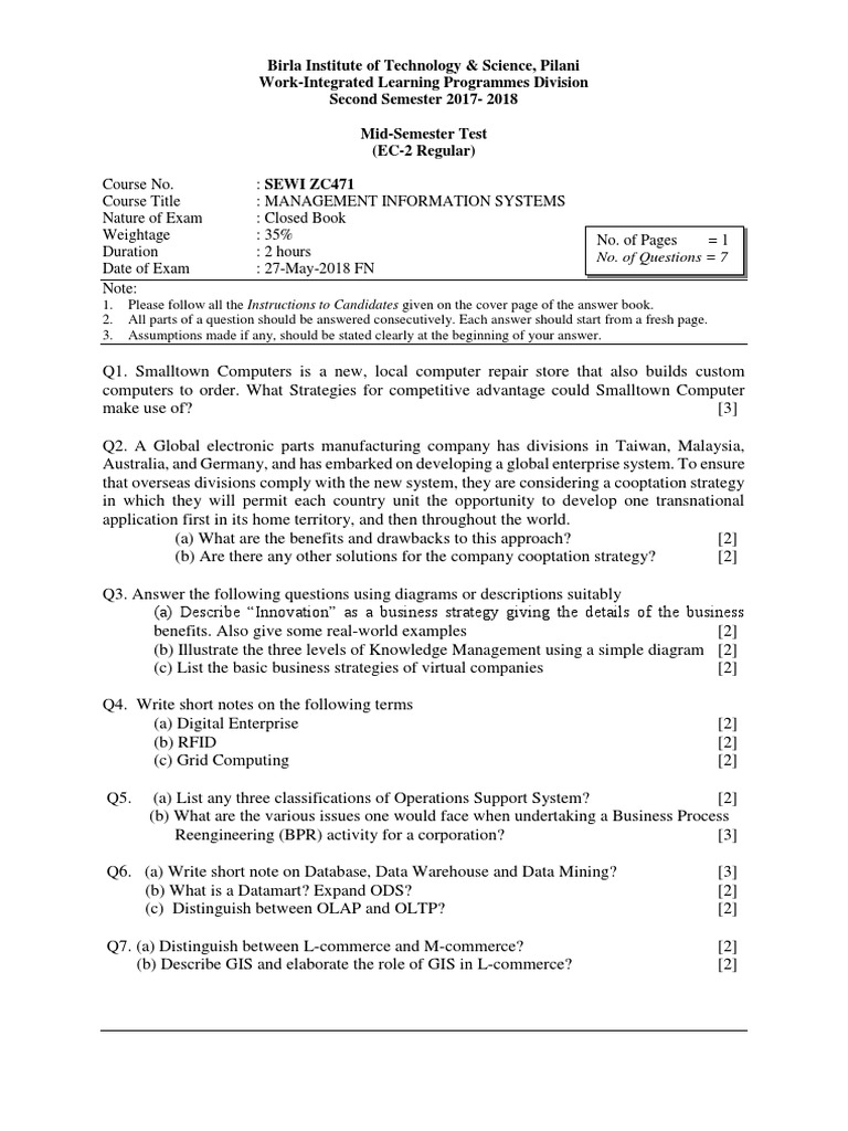 MIS Mid Sem Question Paper | Download Free PDF | Strategic Management | Information Technology