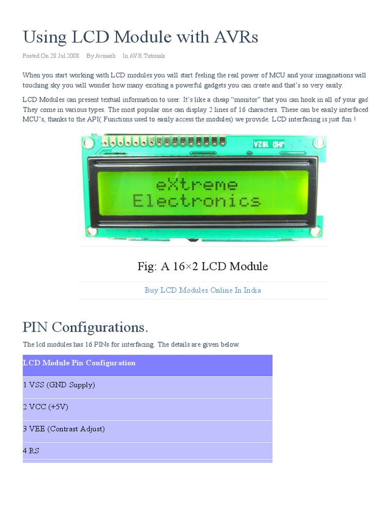 Using LCD Module With Avrs: Pin Configurations | PDF | Computer ...