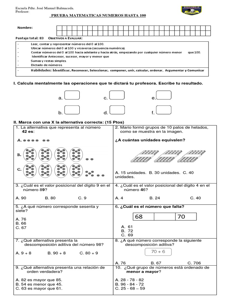 Prueba de Matemática Numeración 0 Al 100 Noviembre | PDF | Enseñanza de ...