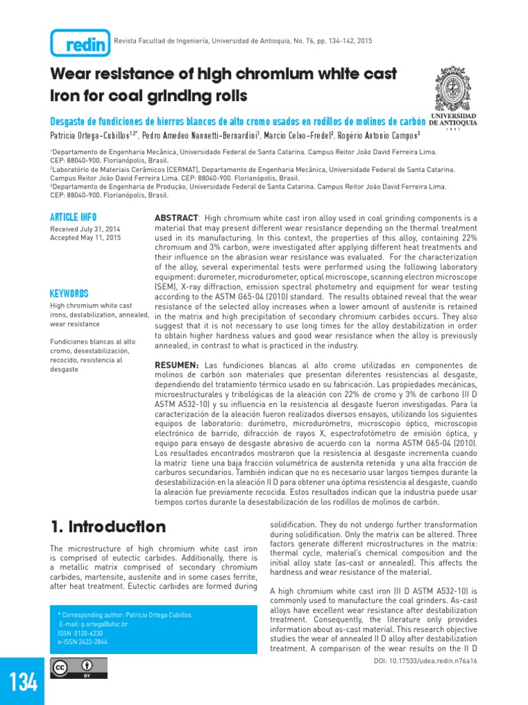 Wear Resistance of High Chromium White Cast Iron For Coal Grinding Rolls | PDF | Cast Iron ...