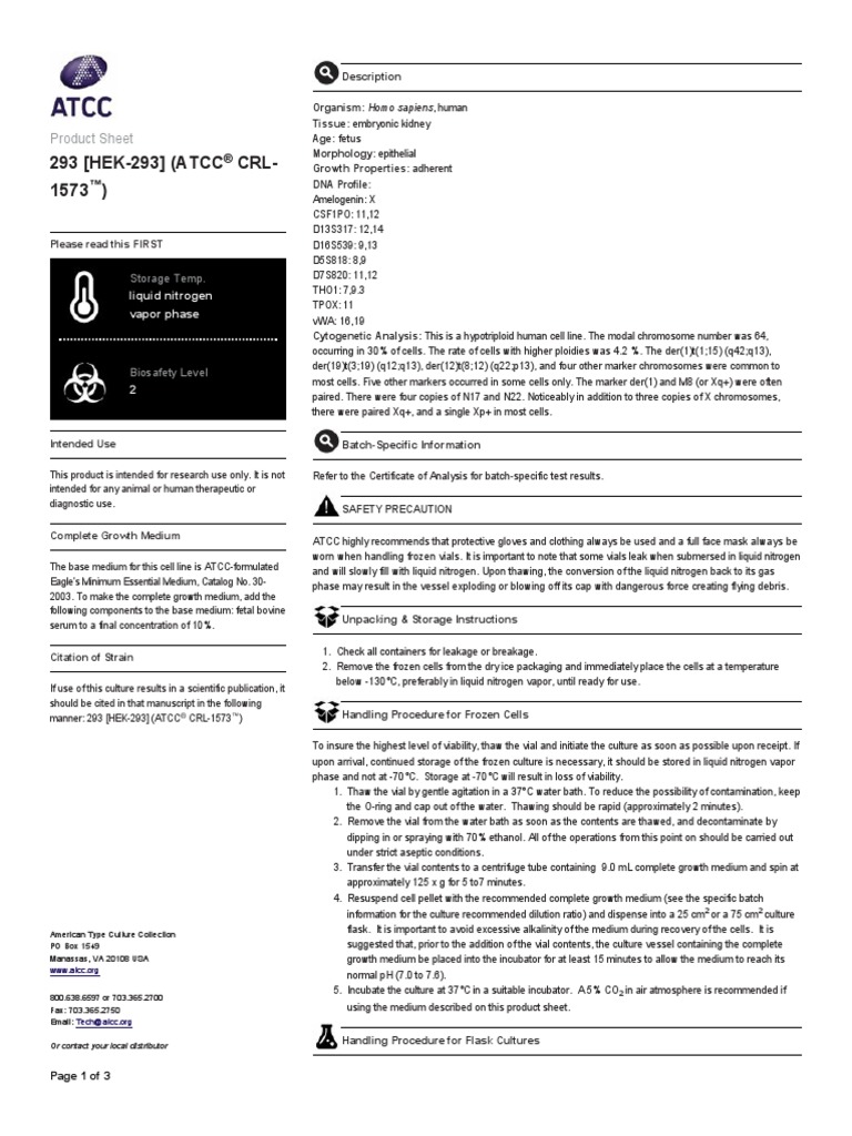293 (HEK 293) (ATCC CRL 1573) : Product Sheet | PDF | Atcc (Company ...