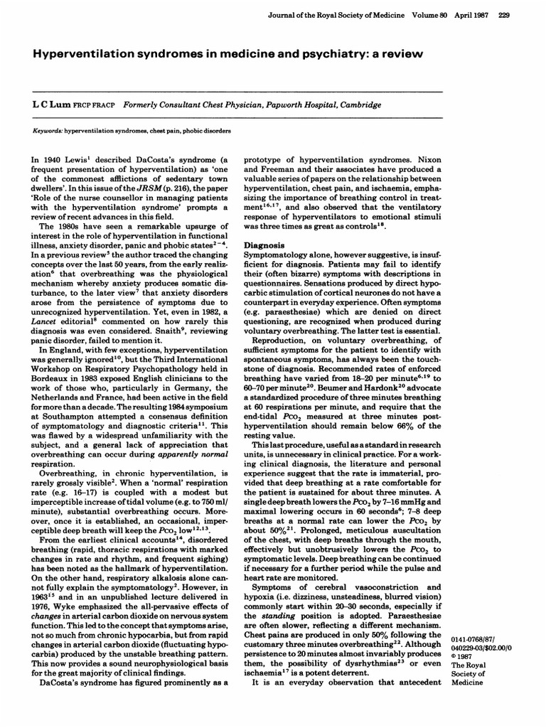 Hyperventilation: Syndromes in Medicine and Psychiatry: Review | PDF | Panic Attack | Breathing