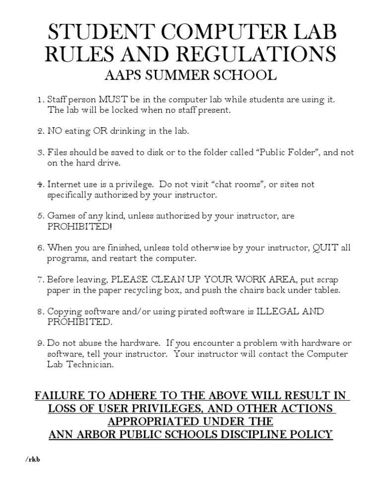 Student Computer Lab Rules and Regulations: Aaps Summer School | PDF