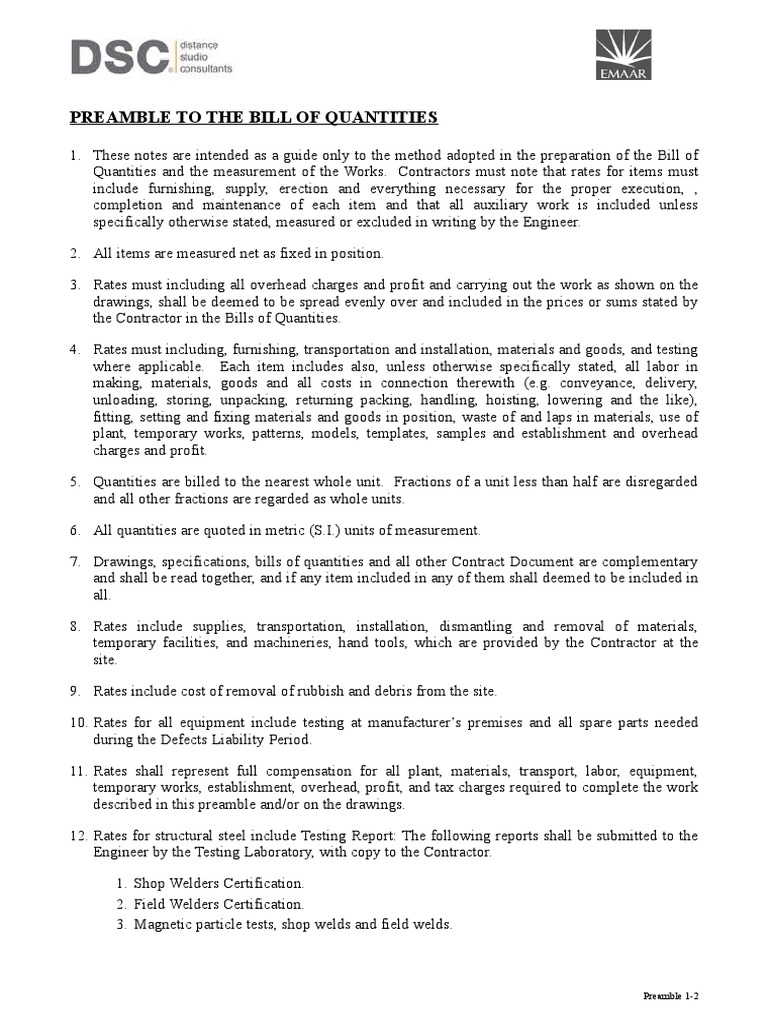 Preamble To BOQ | PDF | Welding | Construction