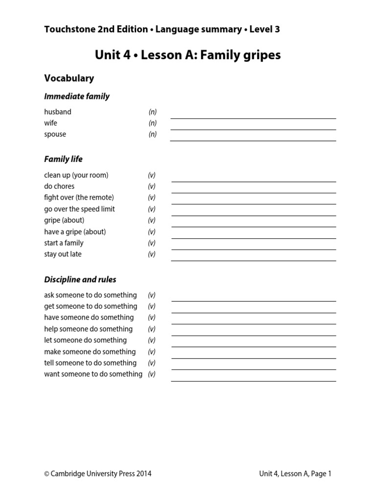 Unit 4 - Lesson A: Family Gripes: Touchstone 2nd Edition - Language Summary - Level 3 | PDF