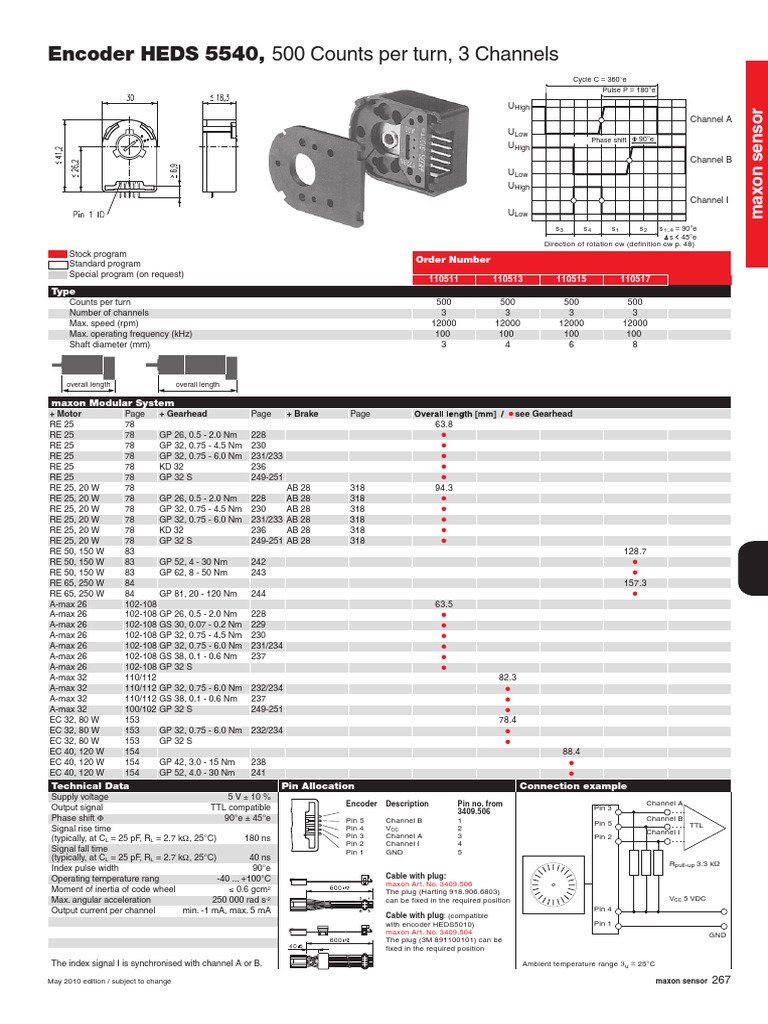 Encoder HEDS 5540, 500 Counts Per Turn, 3 Channels: Order Number Type ...