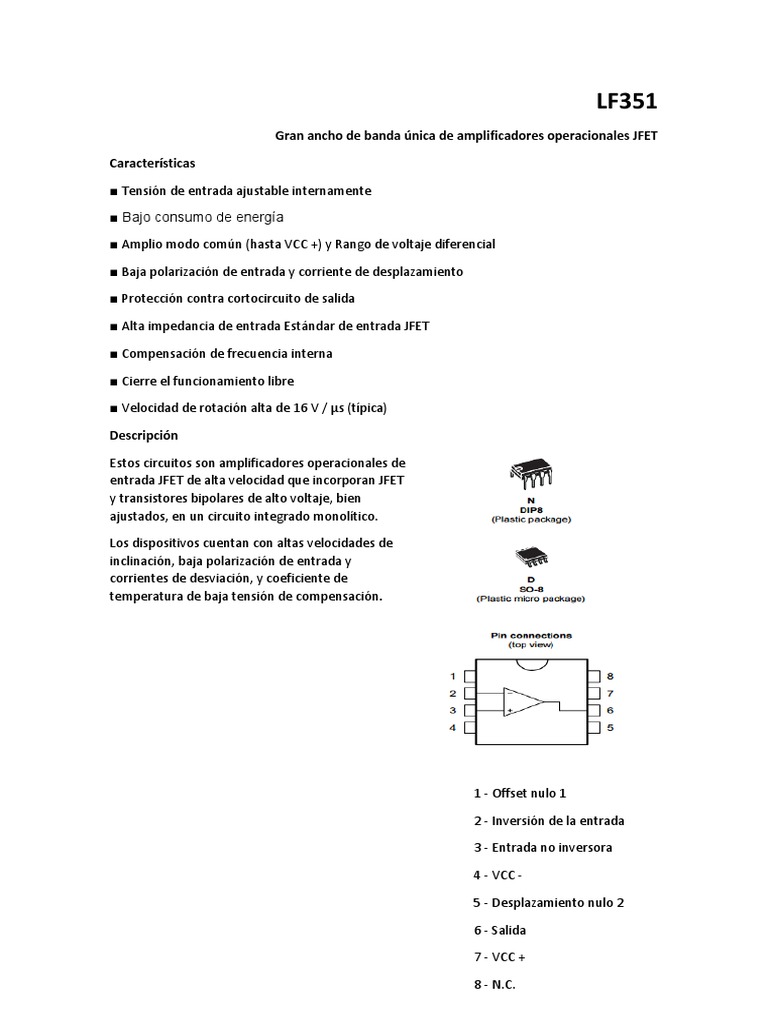 Amplificador LF351 | PDF | Amplificador operacional | Cantidades fisicas