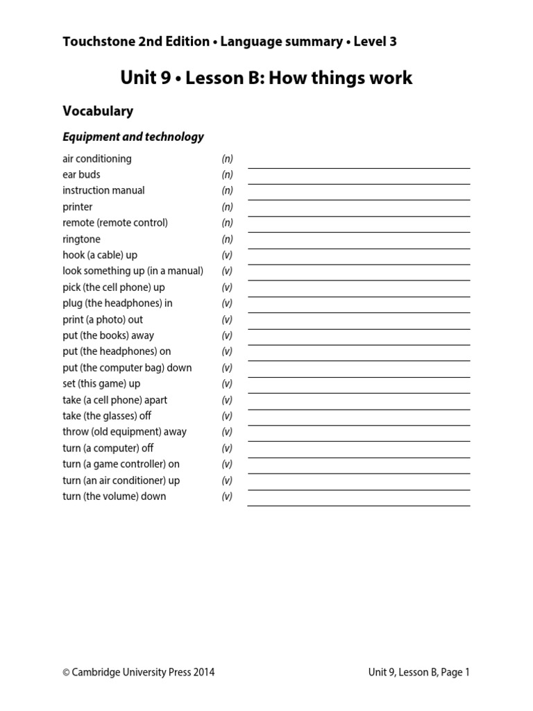 Unit 9 - Lesson B: How Things Work: Touchstone 2nd Edition - Language Summary - Level 3 | PDF