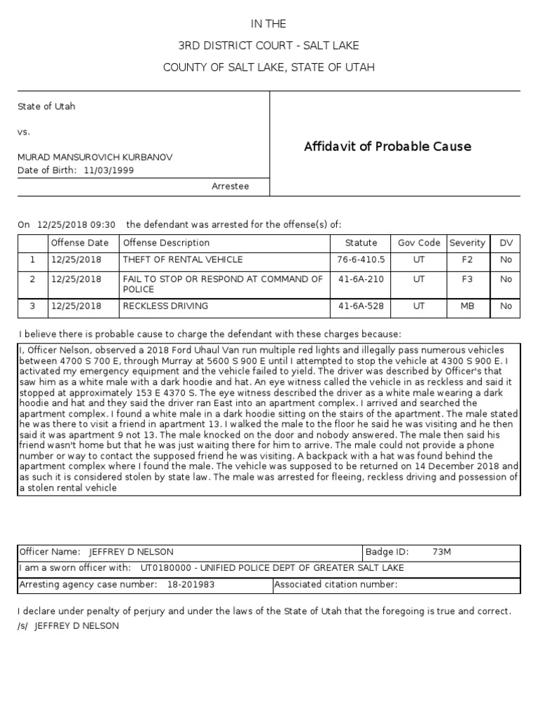 Murad Kurbanov Probable Cause Statement | PDF | Utah | Justice