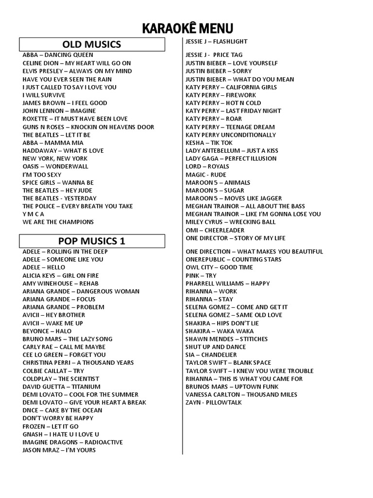 Karaokê Menu: Old Musics | PDF | Adele | Number One Singles