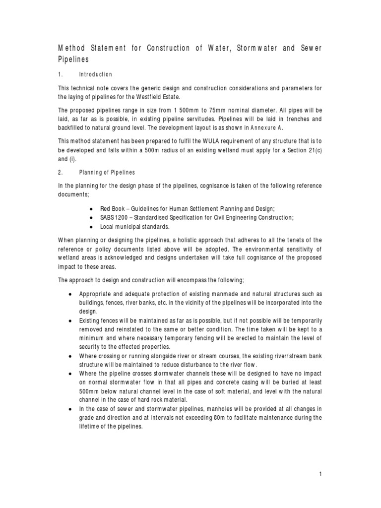 Method Statement For Water Stormwater And Sewer Pipelines Pdf