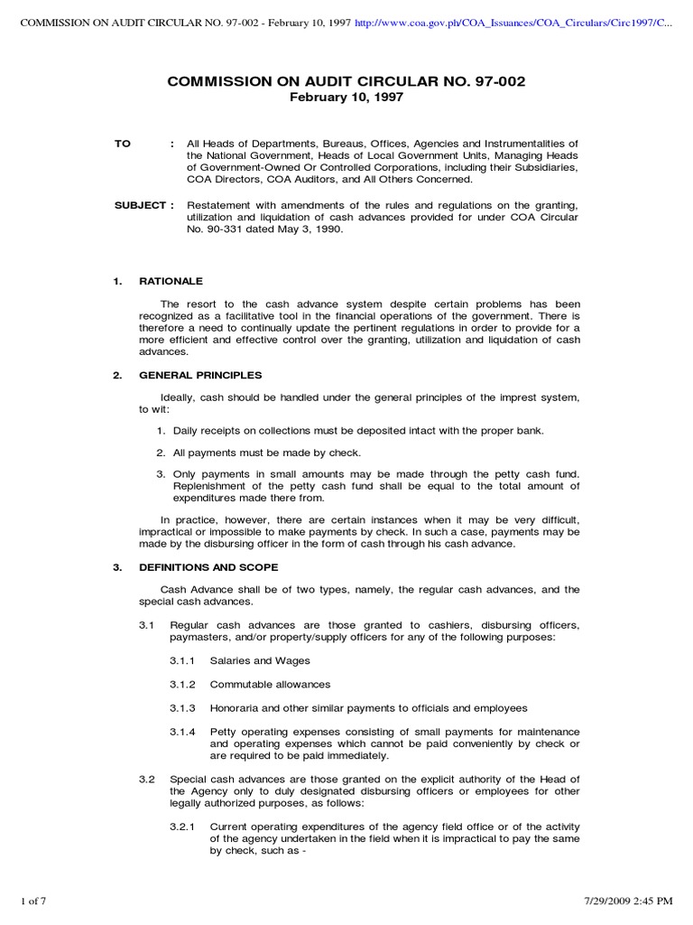 Commission On Audit Circular No. 97-002 | PDF | Expense | Payments