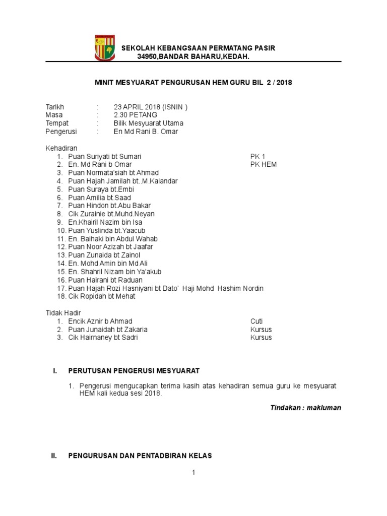 Minit Mesyuarat HEM Kali 2 2018 | PDF