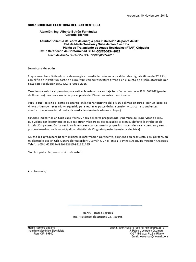 Carta Instalacion de Poste | PDF | Electricidad | Science