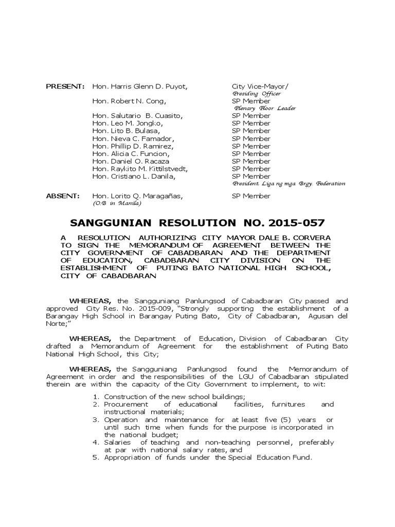 Cabadbaran City Sanggunian Resolution | PDF | The United States ...