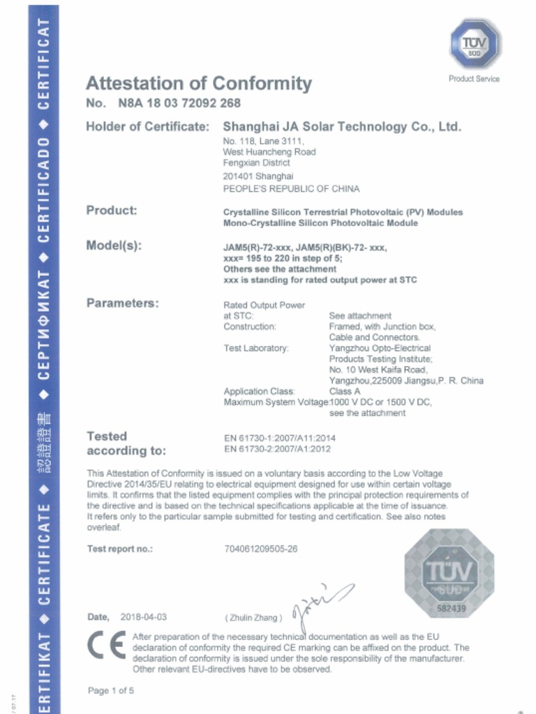 Certificado Ja Solar 375 | PDF
