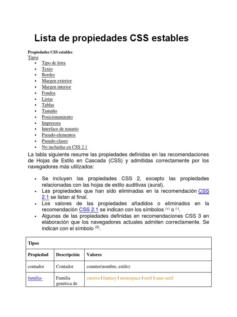 Propiedades CSS Estables y Tipos | PDF | Hojas de estilo en cascada ...