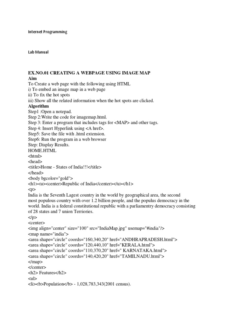 Ex - No.01 Creating A Webpage Using Image Map Aim: Internet Programming | PDF | Web Page | Hypertext
