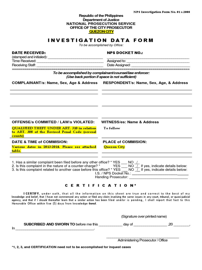 Investigation Data Form - Office of The City Prosecutor | PDF ...