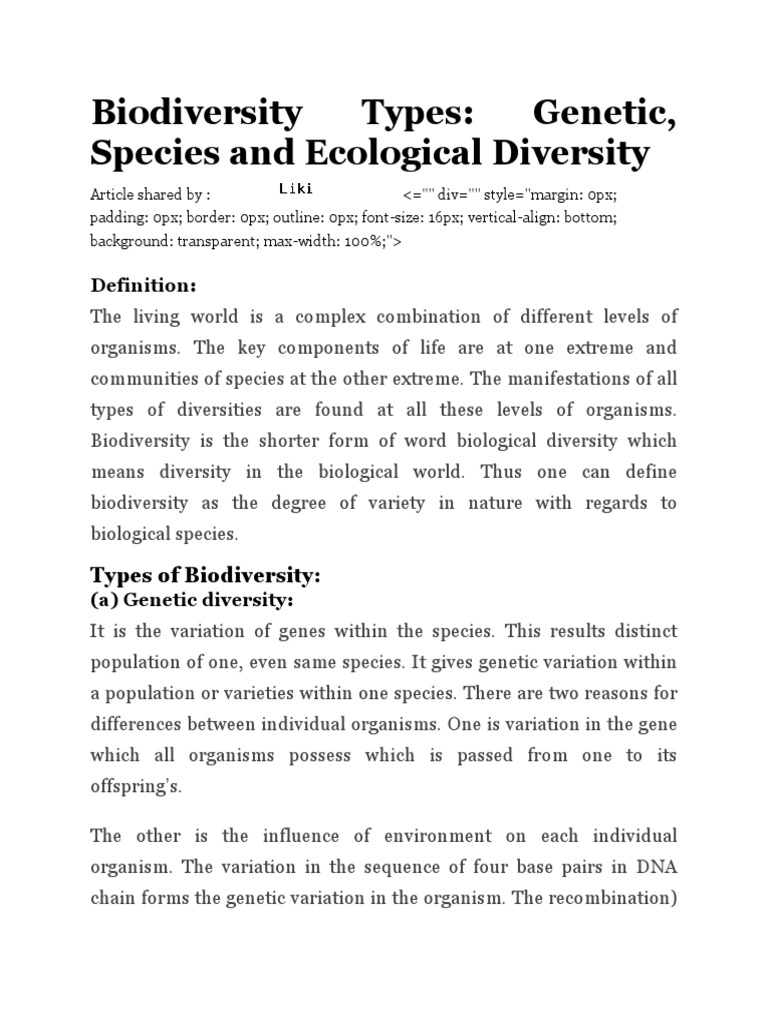 Biodiversity Types: Genetic, Species and Ecological Diversity | PDF ...
