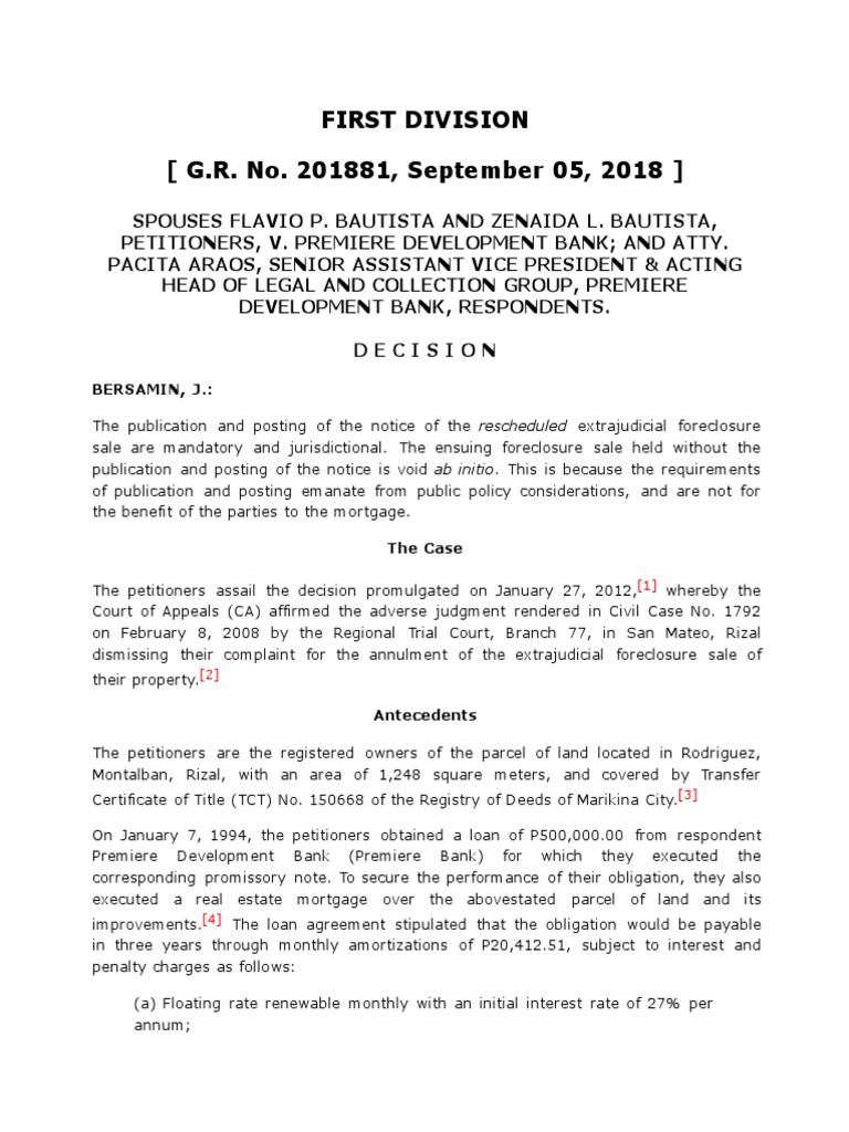 Spouses Bautista vs. Premiere Development Bank (Full Text, Word Version ...