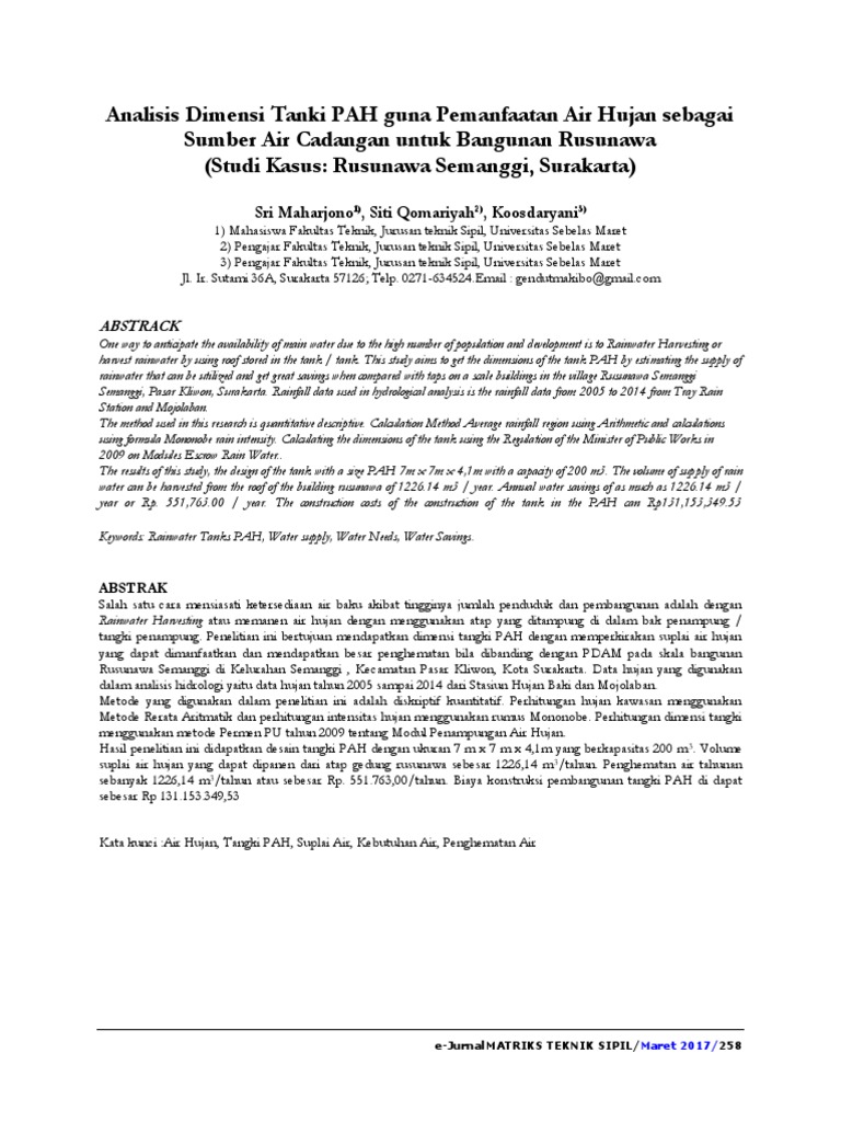 Analisis Dimensi Tanki PAH Guna Pemanfaatan Air Hujan Sebagai Sumber ...