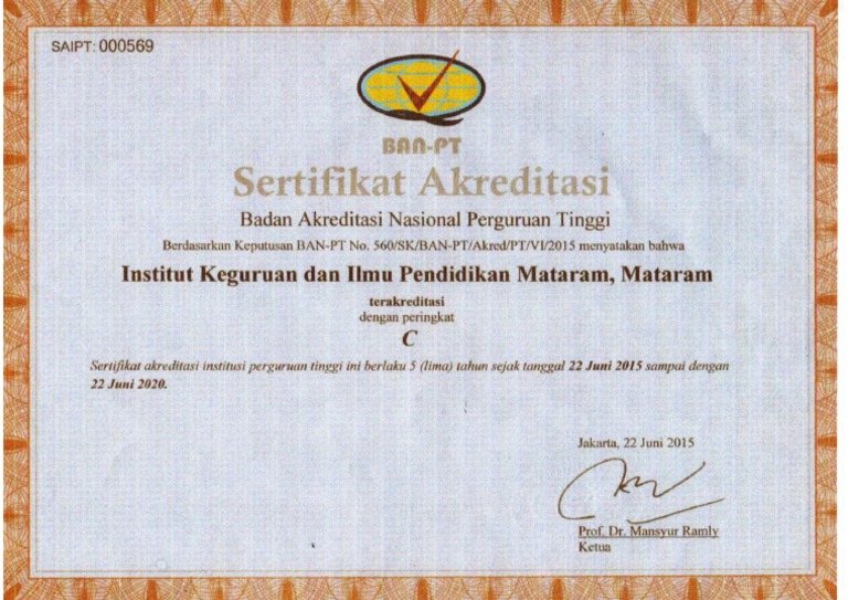 Sertifikat Akreditasi Insitusi Ikip Mataram 2015-2020 PDF | PDF