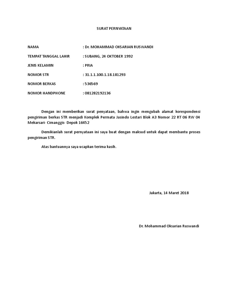 SURAT PERNYATAAN Kki STR Alamat Pindah | PDF