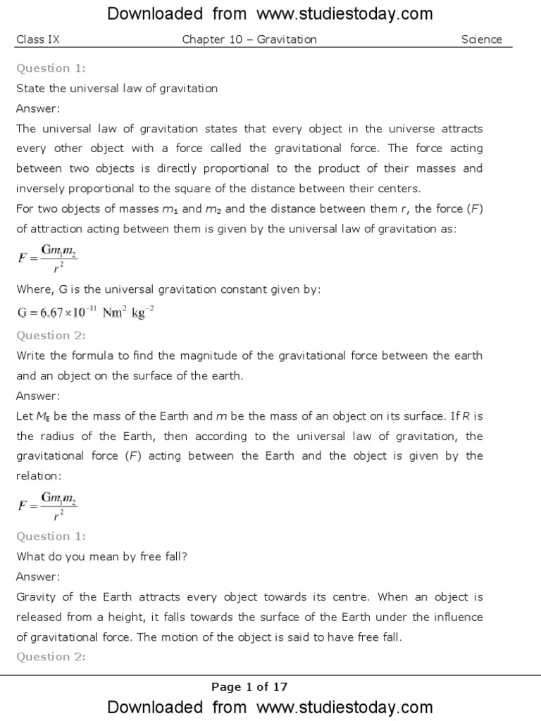 Class 9 NCERT Solutions Gravitation | PDF | Weight | Gravity