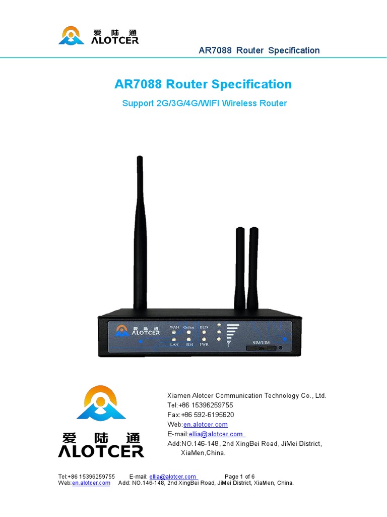 Alotcer Industrial Router AR7088 Router Specification | PDF | Wi Fi | Virtual Private Network