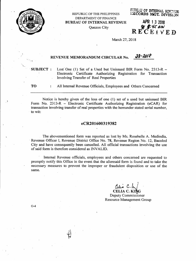 Lost BIR Form 2313-R Notice | PDF