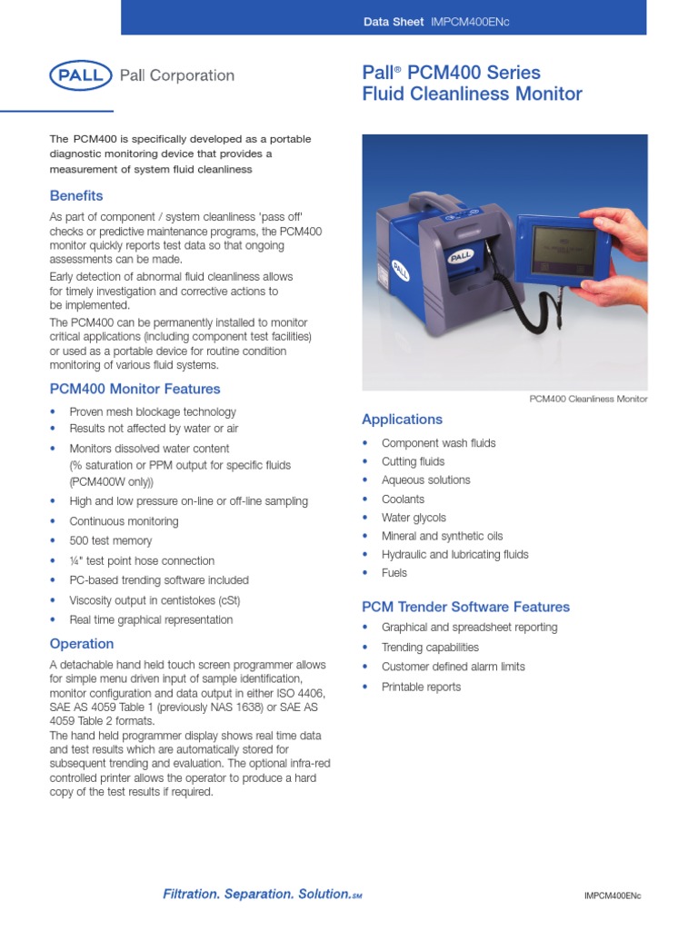 Pall PCM400 Series Fluid Cleanliness Monitor: Benefits | PDF ...