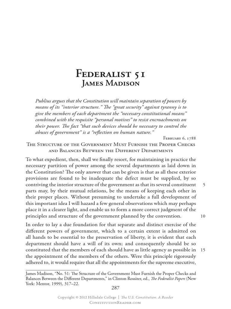 Federalist 51: James Madison | PDF | The Federalist Papers | Government