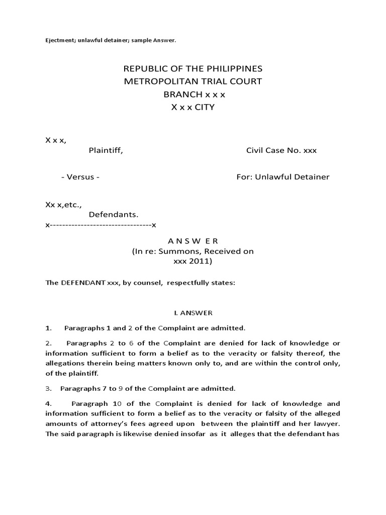 Sample Answer in Ejectment and Unlawful Detainer | Lawsuit | Complaint