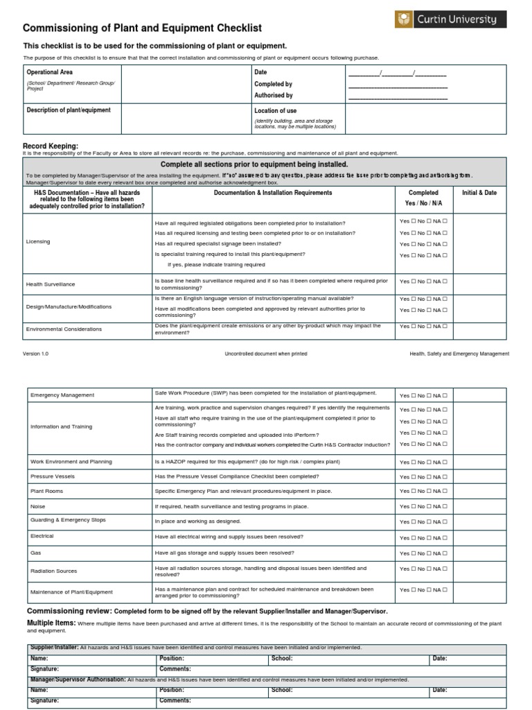 Plant and Equipment Commissioning Checklist | PDF | Emergency ...