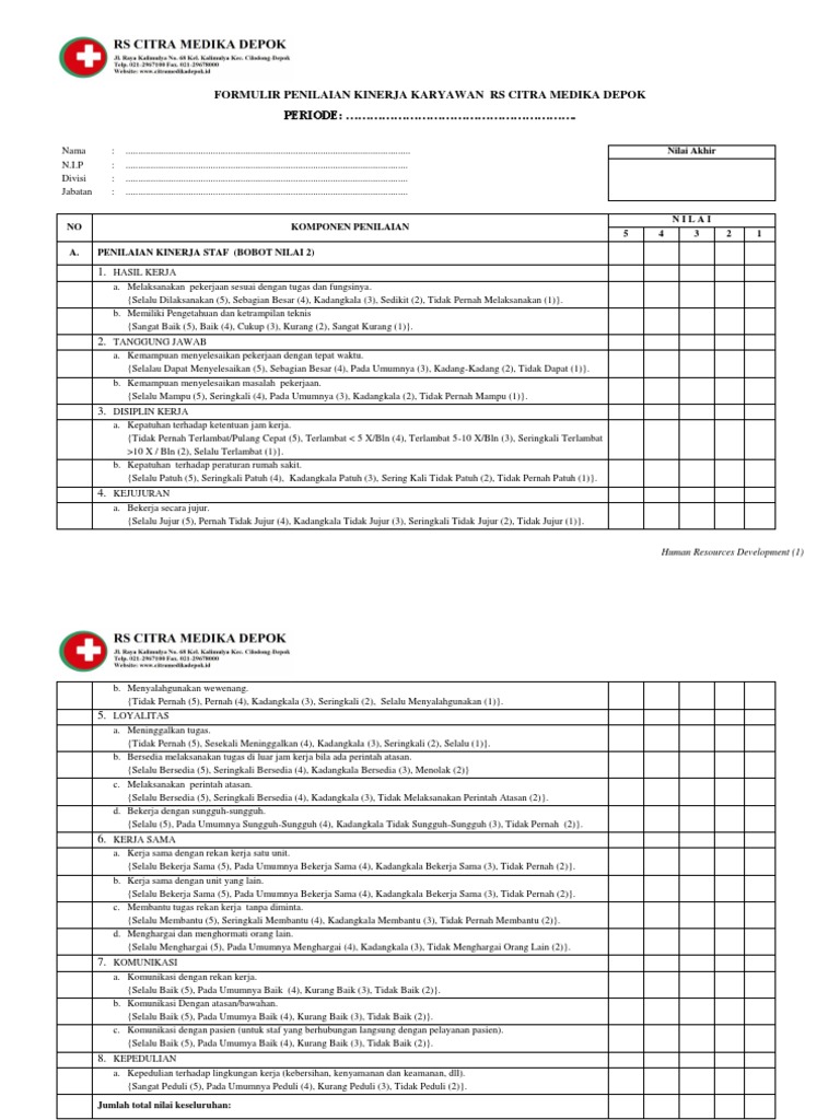 Formulir Penilaian Kinerja Staf Rs Citra Medika | PDF