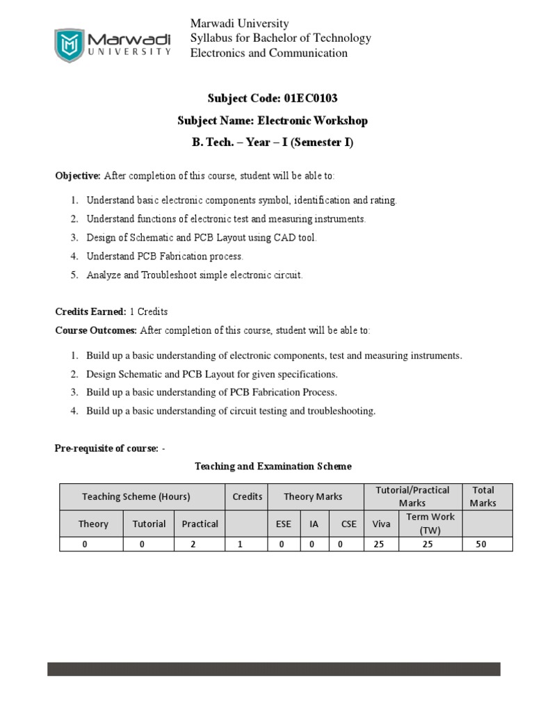 Subject Code: 01EC0103 Subject Name: Electronic Workshop B. Tech ...