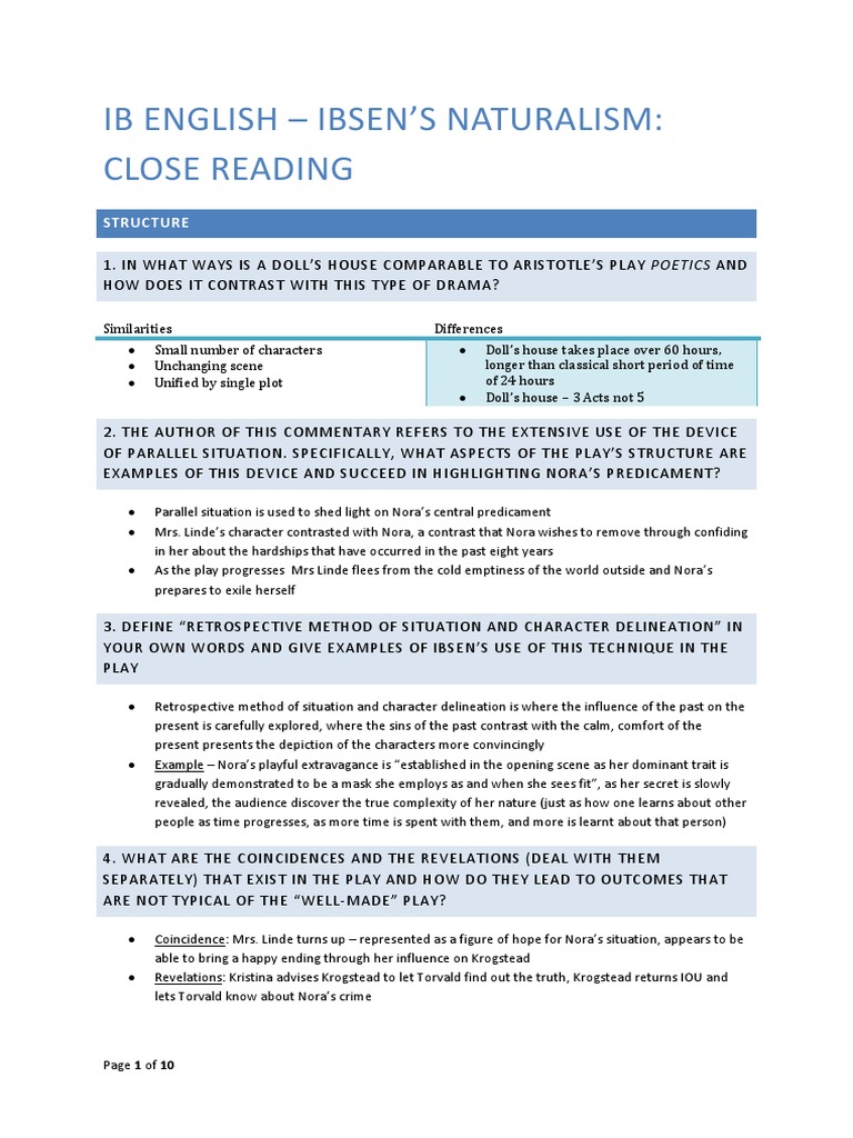 Ibsen' S Naturalism Close Reading | PDF | A Doll's House | Free Will