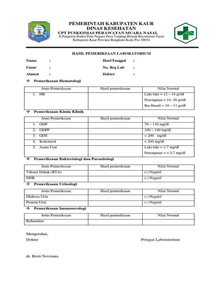 Form Hasil Pemeriksaan Laboratorium | PDF