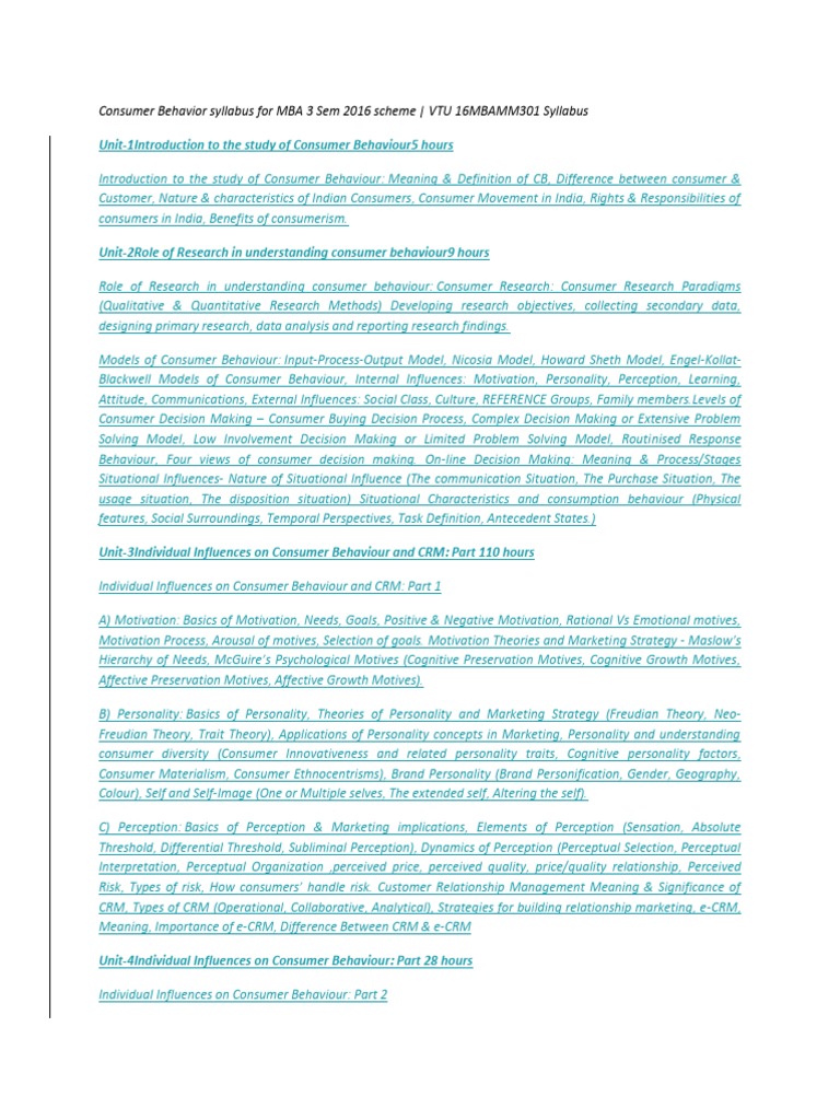 Consumer Behavior Syllabus For MBA 3 Sem 2016 Scheme - VTU 16MBAMM301 ...